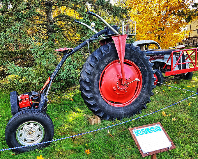 This modified lawn mower sports a massive red wheel that makes monster trucks look like toys from a Happy Meal.