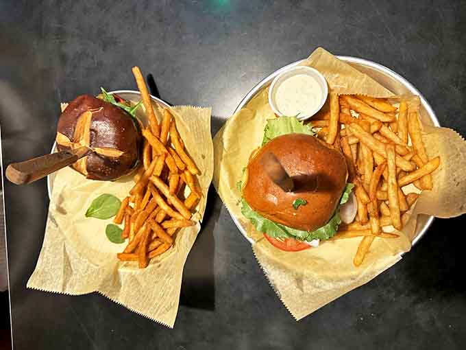 Burgers arrive on gleaming platters with golden fries&mdash;architectural marvels of beef that make you wonder why all burgers aren't served on pretzel buns.