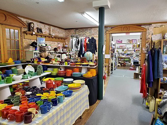 A rainbow of Fiestaware and vintage kitchen essentials transforms this corner into a colorful tribute to American domestic life through the decades.