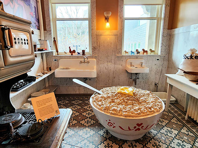 This vintage kitchen display features a comically oversized bowl of porridge that would make Goldilocks reconsider her "just right" standards.