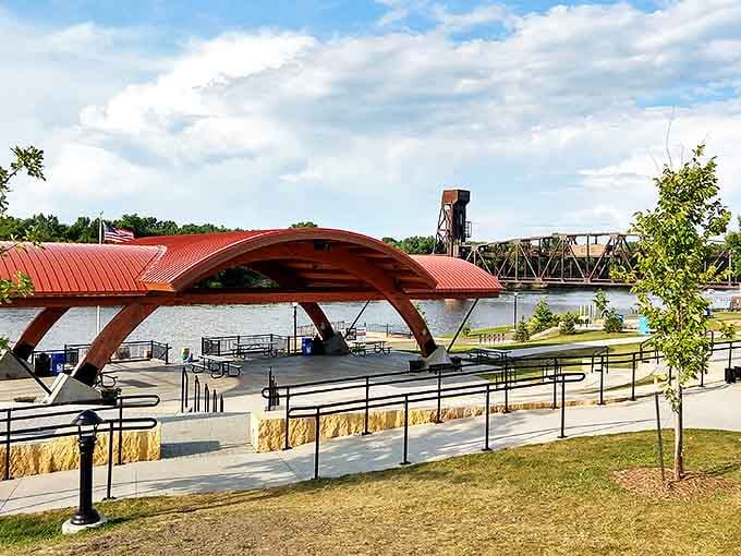 Levee Park's distinctive red pavilion provides the perfect spot to rest between antiquing adventures while watching Mississippi River traffic roll by.