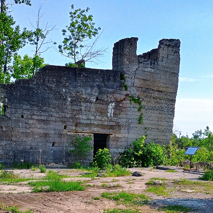 What remains of the American Wood Rim Company stands as a stone testament to Onaway's industrial past, now home to metal giants instead of steering wheels.