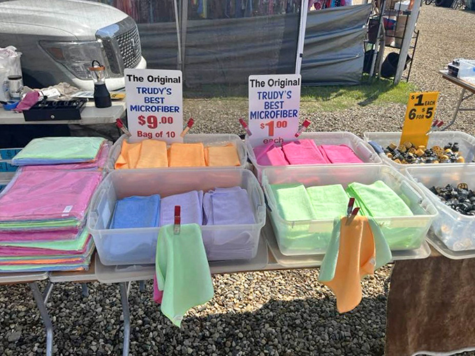 "Trudy's Best" microfiber cloths promise spotless surfaces and sparkling windows &ndash; practical treasures amid the vintage finds.