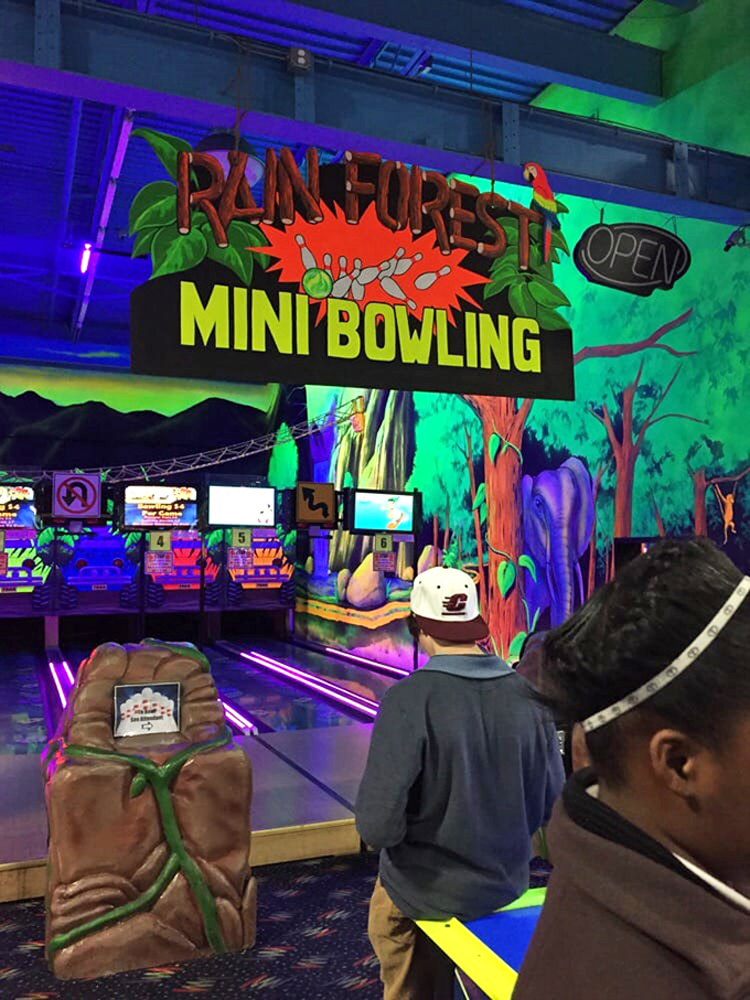 These aren't your grandfather's bowling lanes&mdash;unless Grandpa was secretly a blacklight enthusiast with a penchant for neon jungle themes.