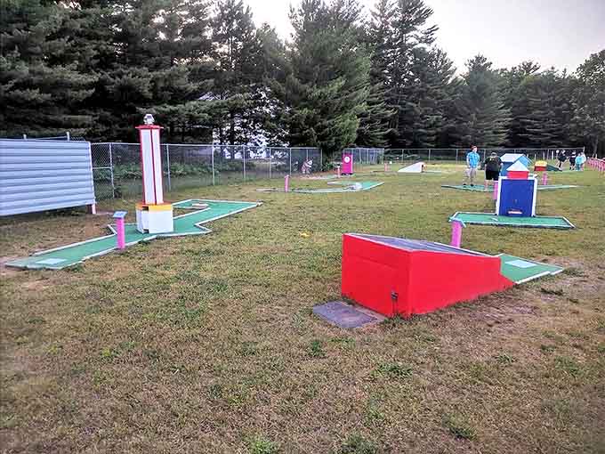 Homemade mini-golf obstacles await between features. No fancy themes needed&mdash;just simple fun that's stood the test of time.