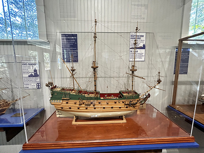 Meticulously crafted model ship displays the maritime craftsmanship celebrated in the museum's exhibits, a miniature voyage through history.