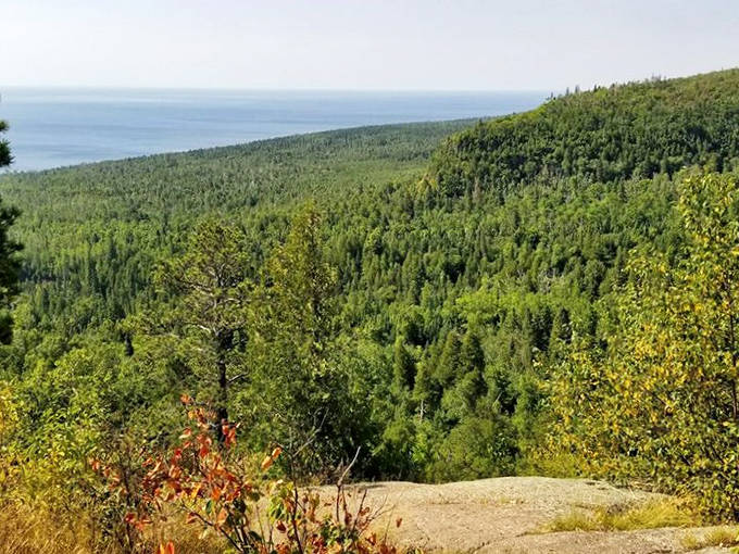 Mountain top vista: The reward for your climbing efforts: a sprawling green tapestry stretching to the horizon, with Lake Superior shimmering in the distance.