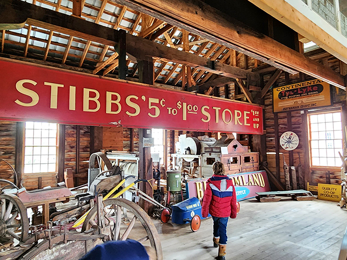 Inside Pears Mill, history comes alive with original equipment and the nostalgic Stibb's 5¢ to $1.00 Store sign.