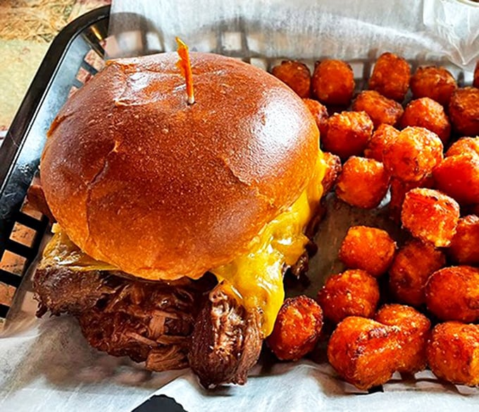 Golden-brown tater tots surround a pulled pork sandwich like delicious little sentinels guarding a treasure of slow-cooked, savory goodness.