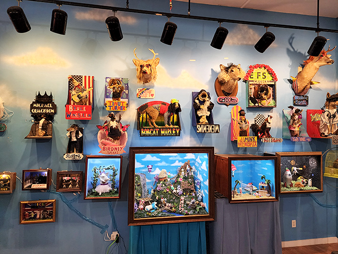 The wall of wonderfully weird mounted creations transforms hunting lodge d&eacute;cor into a carnival of the bizarre.