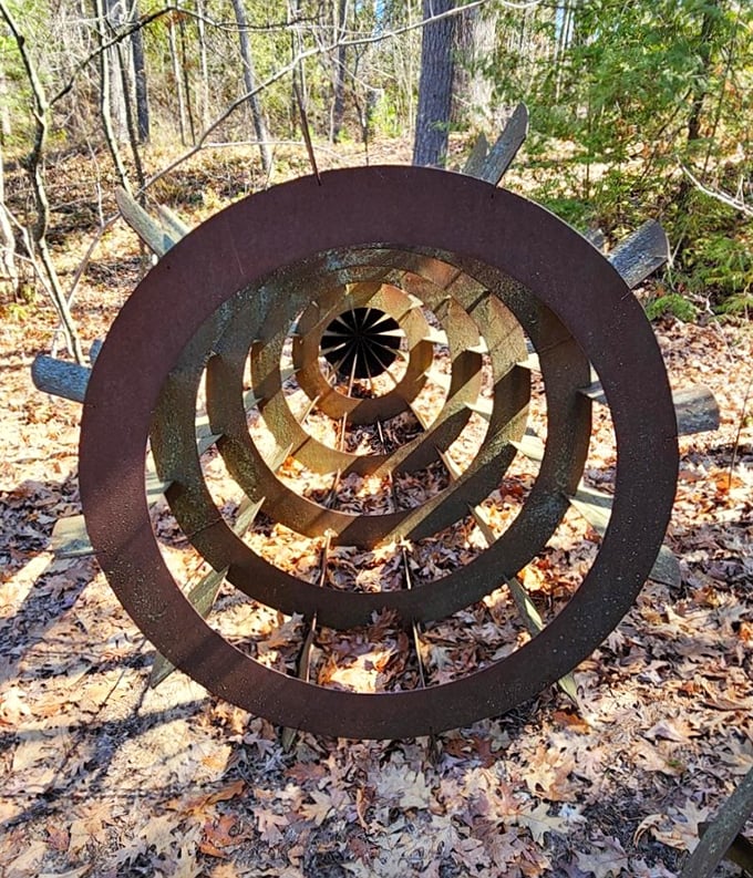 "Seedpod 9" draws you into its hypnotic spiral &ndash; a metallic portal that transforms the forest behind it with every viewing angle.