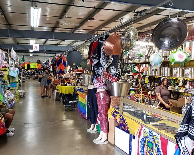Kitchen dreams materialize in the cookware section, where hanging pots and pans create a chef's symphony of possibilities.