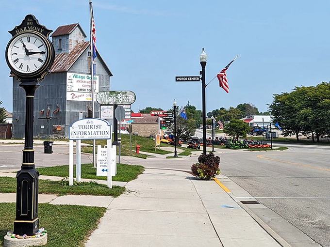 The town clock keeps perfect time in a place where nobody seems to be in a hurry anyway.
