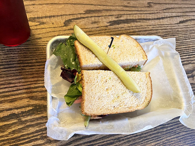 Vegetarians rejoice! This hummus sandwich proves plant-based options aren't afterthoughts but star attractions at The Toasted Pickle.