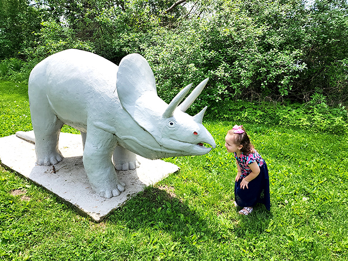 A young explorer comes face-to-face with a friendly triceratops, proving dinosaurs aren't extinct – they're just hanging out in Wisconsin.