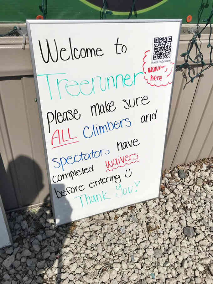 The welcoming sign reminds everyone that even spectators need waivers &ndash; watching can be its own adventure!