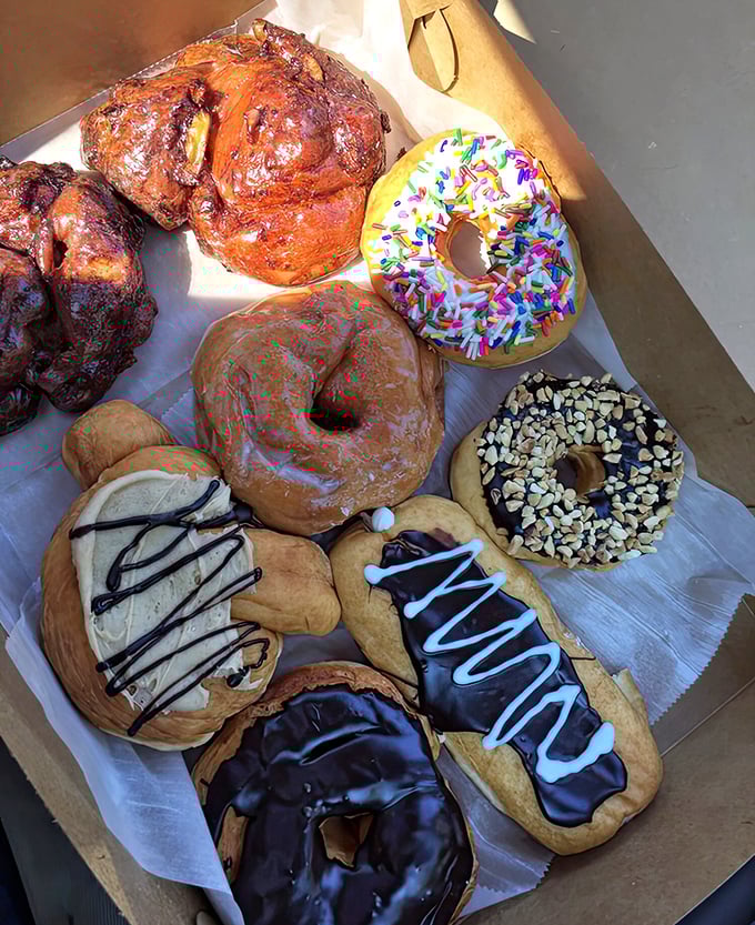 A box of joy: Each donut represents a different pathway to happiness, from sprinkle-covered bliss to chocolate-glazed nirvana.