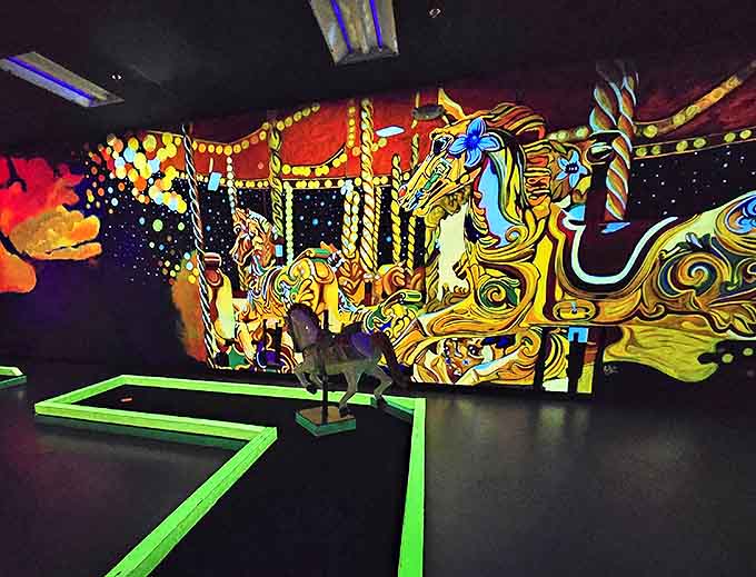 Carousel Horse This magnificent glowing steed seems ready to gallop right off the wall, part of an enchanted carnival scene that challenges both your putting and perception.