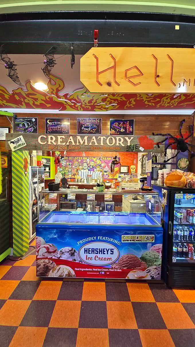 Hershey's ice cream gets the hellish treatment under a sign that reads "Creamatory." Dante never mentioned this delicious circle in his Inferno.
