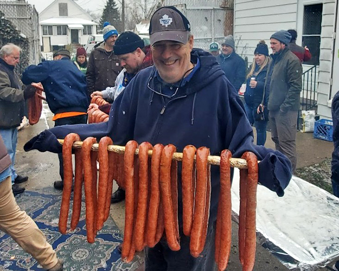 Homemade kielbasa sausages hanging proudly on display &ndash; a Detroit tradition that keeps locals coming back through generations.