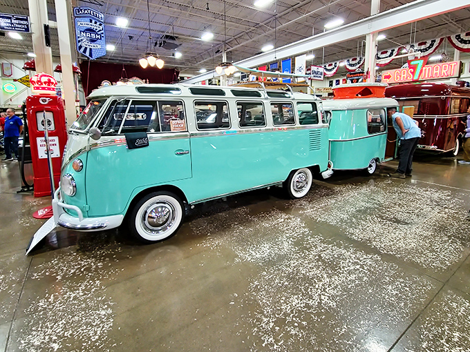 The classic Volkswagen Microbus sits ready to transport you to 1967, tie-dye optional but strongly encouraged for the full experience.