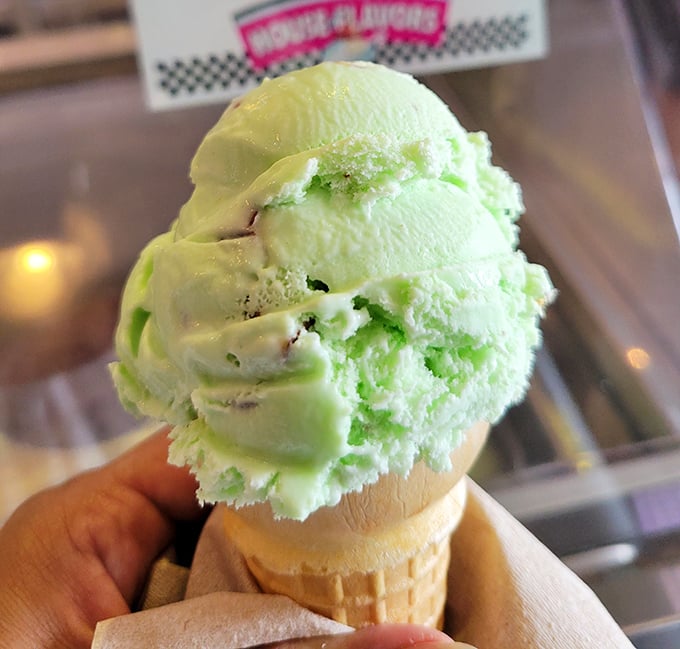 Pistachio almond ice cream that's so green it could make Kermit jealous, studded with nuts that add the perfect crunch factor.