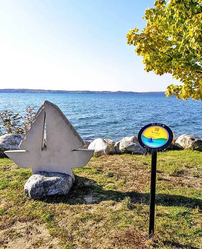 This charming sailboat sculpture stands sentinel at Alden's waterfront, a nod to the lake's sailing heritage and picture-perfect views.