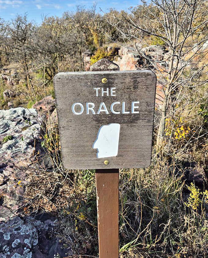 "The Oracle" sign marks one of Pipestone's most intriguing formations &ndash; a face-like appearance naturally carved into the ancient stone.