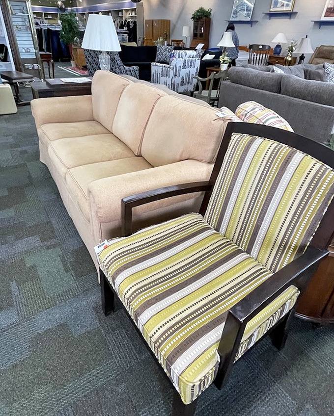 Sofa, so good! This comfortable seating area showcases gently-used furniture waiting for its second act in someone's living room.