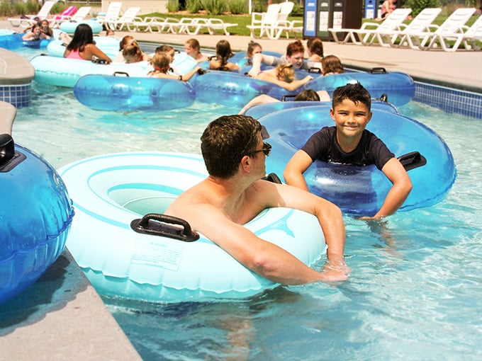 Family memories in the making: Inner tubes become vessels of joy in the perfectly designed pools for all ages.