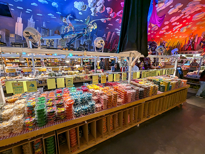 The candy metropolis comes alive under cosmic lighting, with skyscrapers of sweets stretching toward a painted skyline.