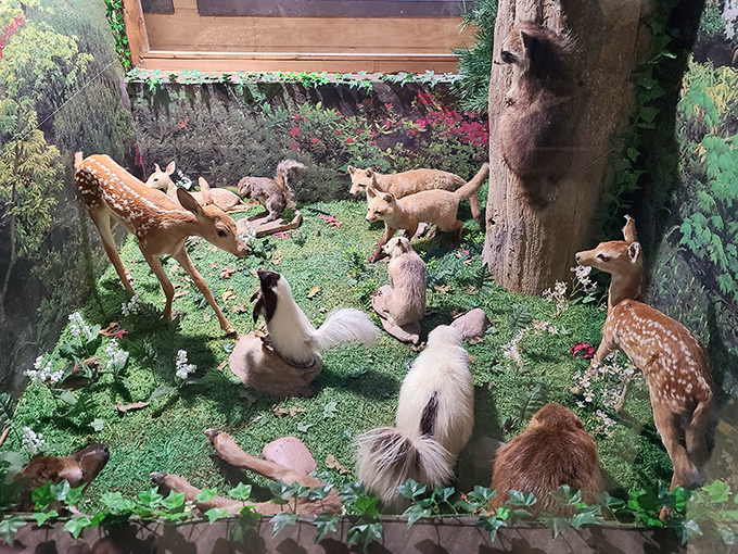 Woodland creatures frozen in eternal friendship – this diorama captures a peaceful moment that rarely happens in the wild.