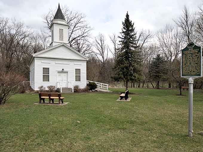 The 1845 Eaton County Courthouse stands as a pristine white testament to history, where Michigan's past is preserved with loving care.