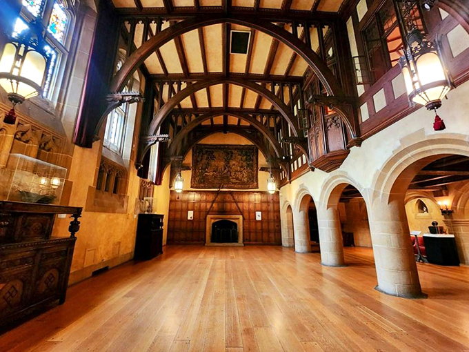 The ballroom's soaring timber ceiling makes modern McMansions look like they're not even trying &ndash; this is architectural flexing at its finest.