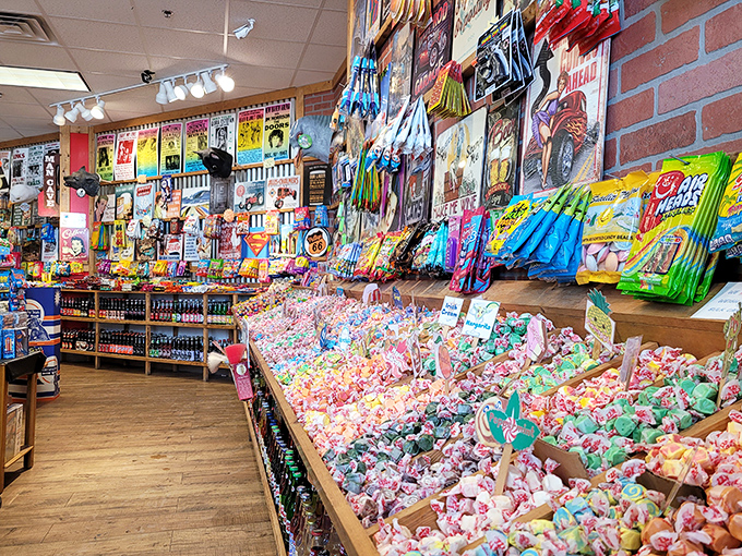 A taffy display that would make your dentist weep quietly into their appointment book. Each colorful morsel promises a chewy trip down memory lane.