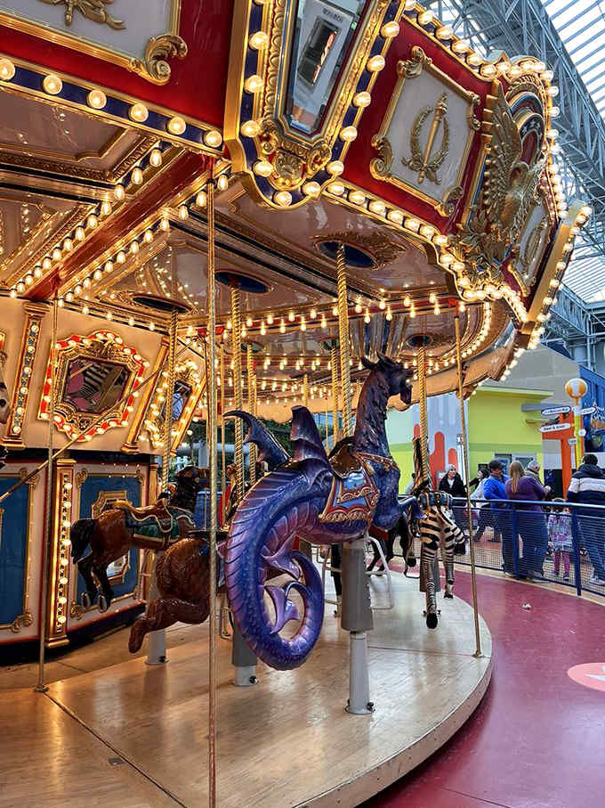 This isn't your average merry-go-round. The carousel features sea dragons and mythical creatures alongside traditional horses for next-level spinning adventures.