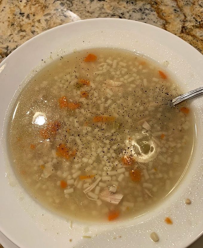 Chicken pastina soup, the Italian penicillin – a clear, comforting broth swimming with tiny pasta stars and tender vegetables.
