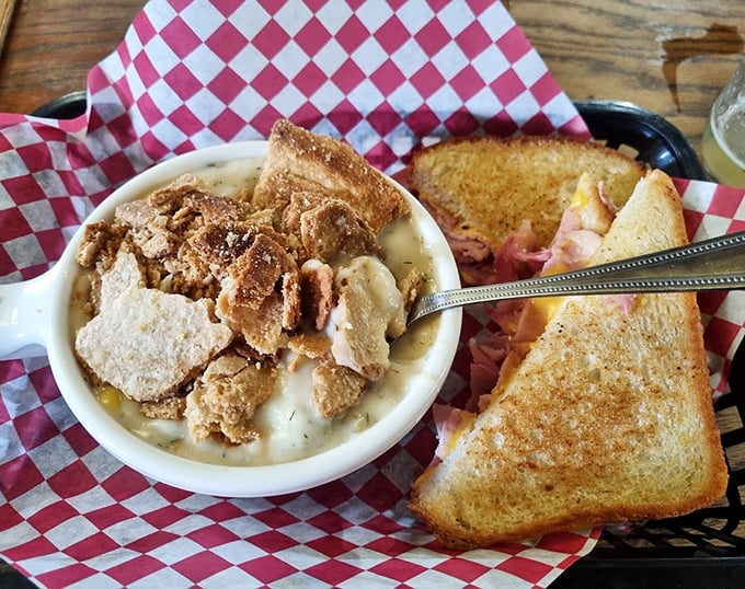 Clam chowder thick enough to stand a spoon in, paired with a grilled sandwich &ndash; comfort food that wraps around you like your grandmother's hug.