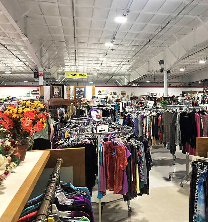 Clothing racks stretch to the horizon, organized by size and type. Fashion treasure hunters can score designer labels at prices that feel almost criminal.