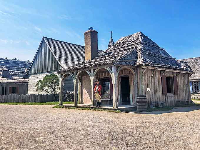 Not your average security system: The fort's guardhouse stands sentinel, a wooden reminder of times when "homeland security" meant actual humans watching for trouble.