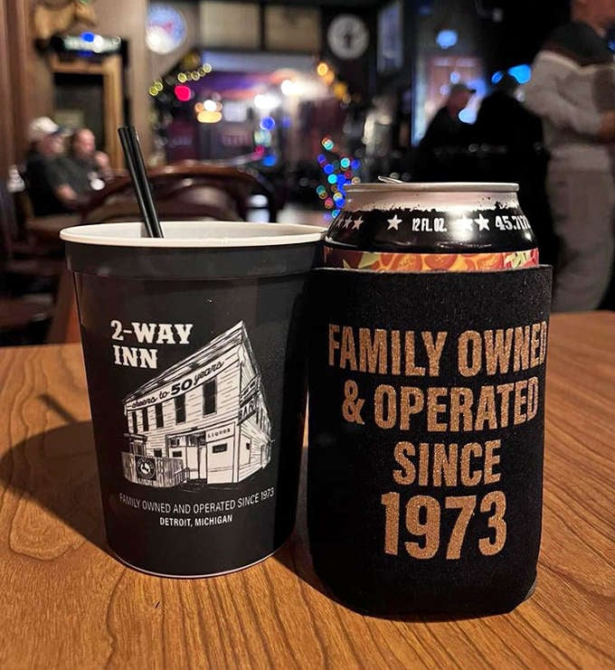 Drinks: Family-owned since 1973, the Two-Way Inn's branded koozies and cups are collectors' items for Detroit history buffs.