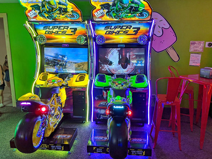 "I'm definitely winning this time!" Super Bikes arcade machines let visitors race without the risk of actual road rash.