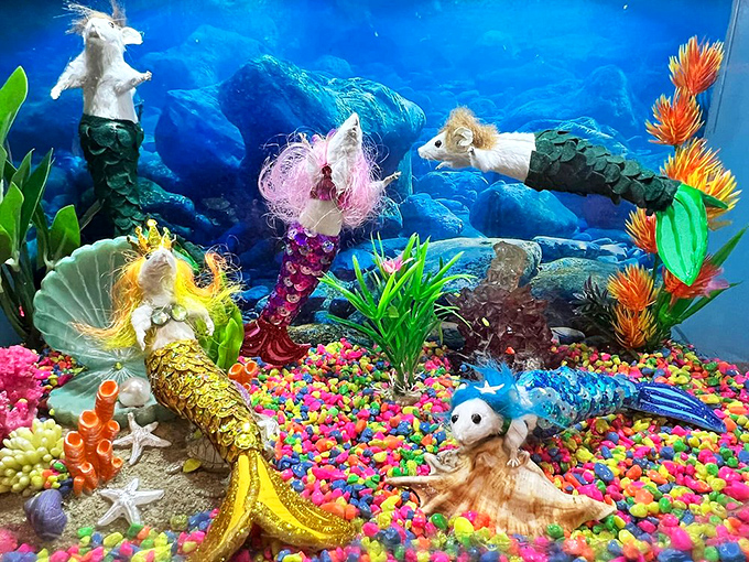 Beneath the colorful aquarium surface, tiny mermice (that's mice-mermaids) swim through a fantasy seascape of impossible creatures.