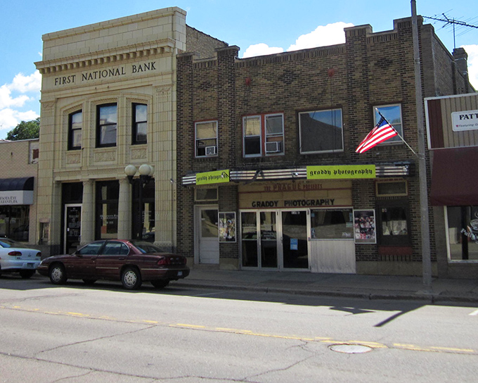 First National Bank's limestone grandeur anchors the business district, a testament to the town's economic importance since the railroad era.