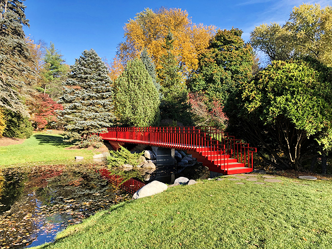 This crimson footbridge isn't just functional art, it's practically begging to be the star of your holiday card this year.