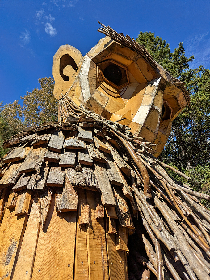 Looking up at Benny's face reveals the geometric precision of Thomas Dambo's design, creating expression from seemingly simple wooden forms.