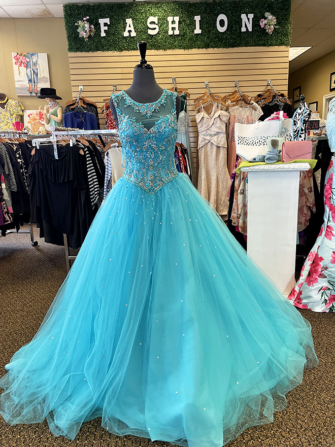 This ethereal blue gown stands ready for its second grand entrance, proving formal wear deserves an encore at a fraction of retail.