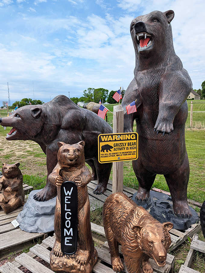 "Warning: Grizzly Bear Activity" isn't usually a welcome sign, but these wooden ursine sculptures offer photo ops without the mauling risk.