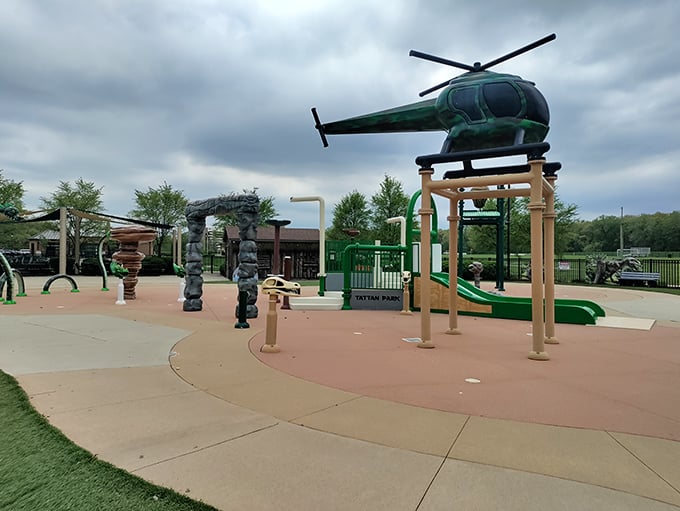 The helicopter play structure hovers permanently above the dinosaur zone &ndash; because what's more exciting than prehistoric creatures and modern aviation in one spot?