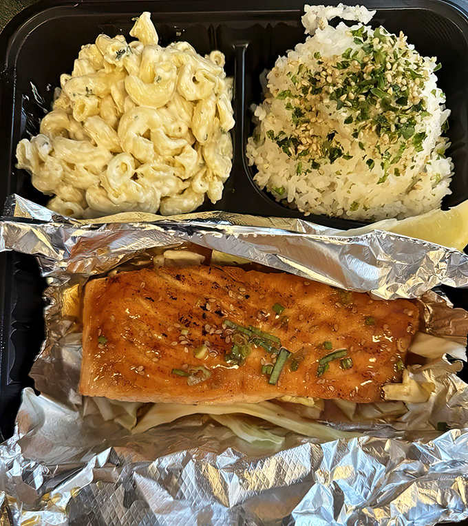 Huli Huli Salmon with macaroni salad is the Hawaiian plate lunch that'll make you understand why carbs on carbs is actually genius.